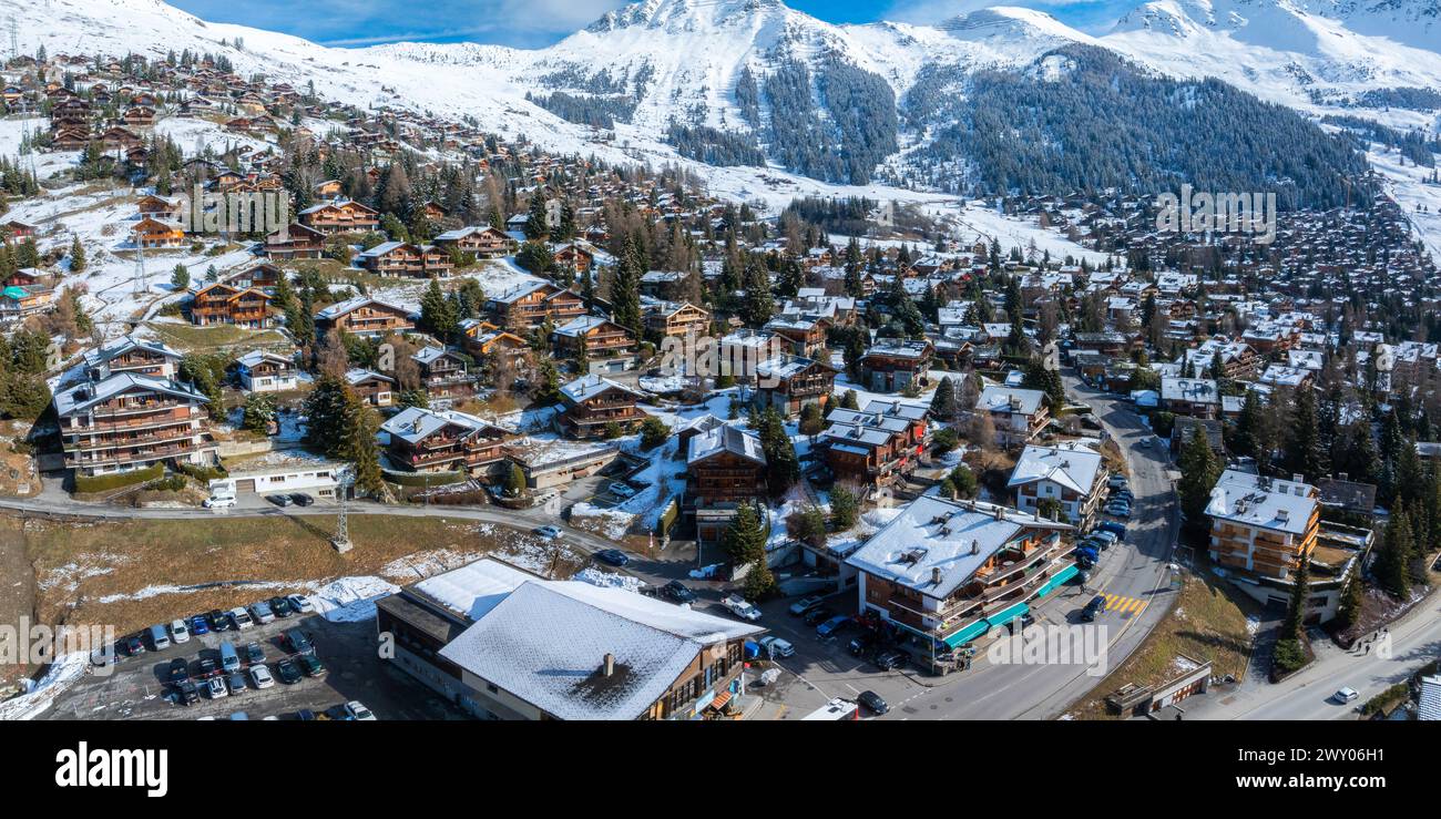 Aerial panoramic view of the Verbier ski resort town in Switzerland ...
