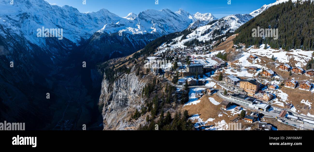 Aerial view of Murren, Switzerland, showcases a serene mountain village ...