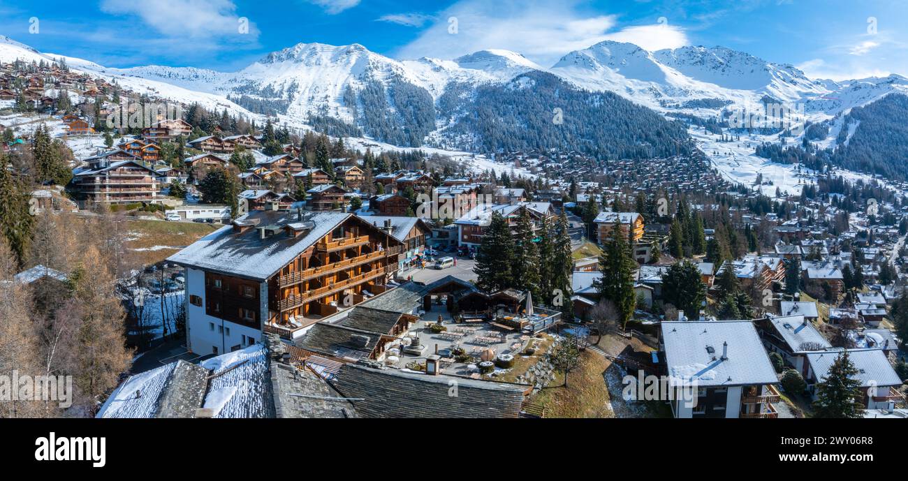 Aerial panoramic view of the Verbier ski resort town in Switzerland ...