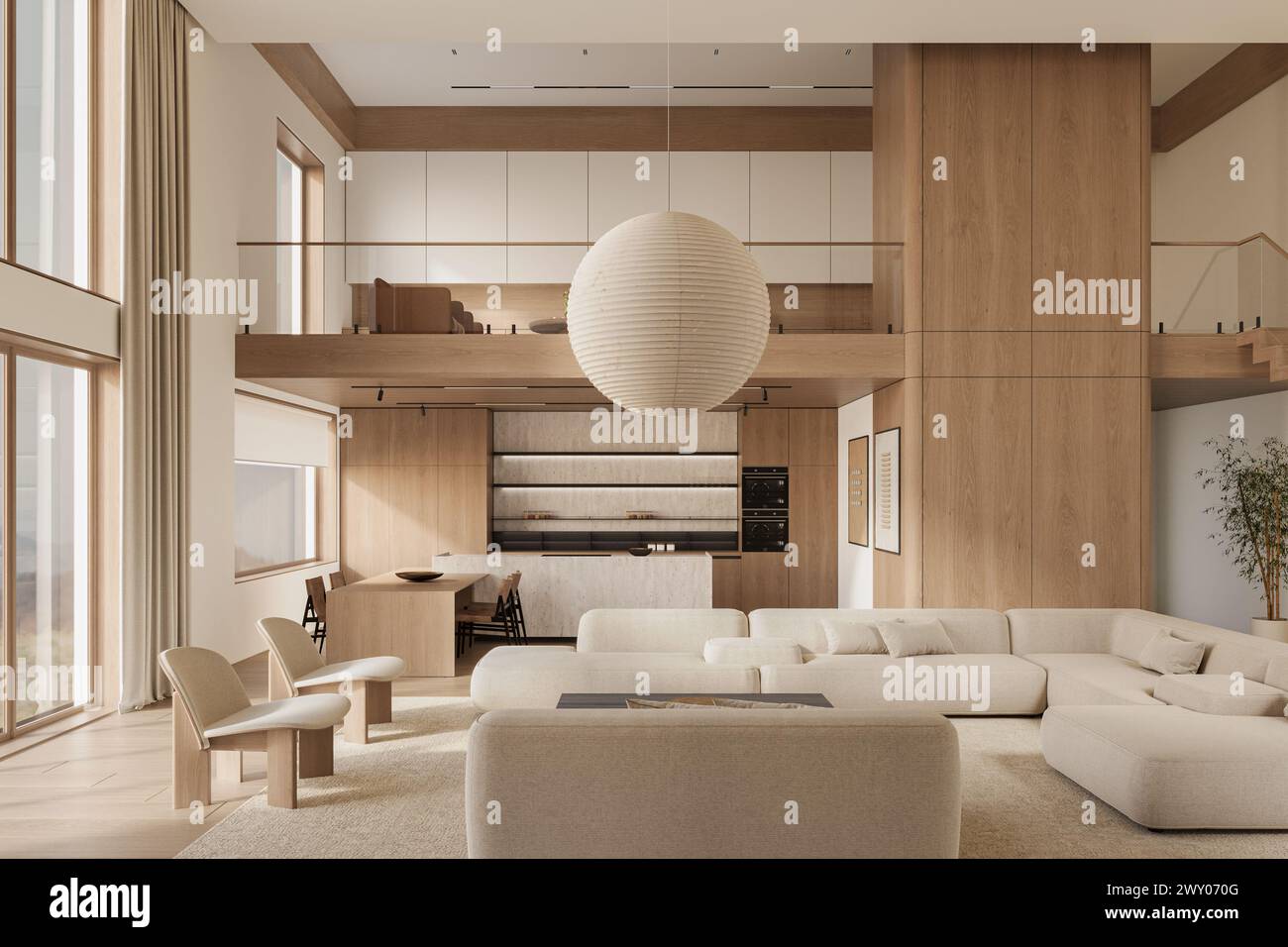 Open space living room and kitchen interior with large windows, TV wall ...