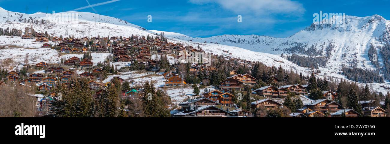 Aerial panoramic view of the Verbier ski resort town in Switzerland ...