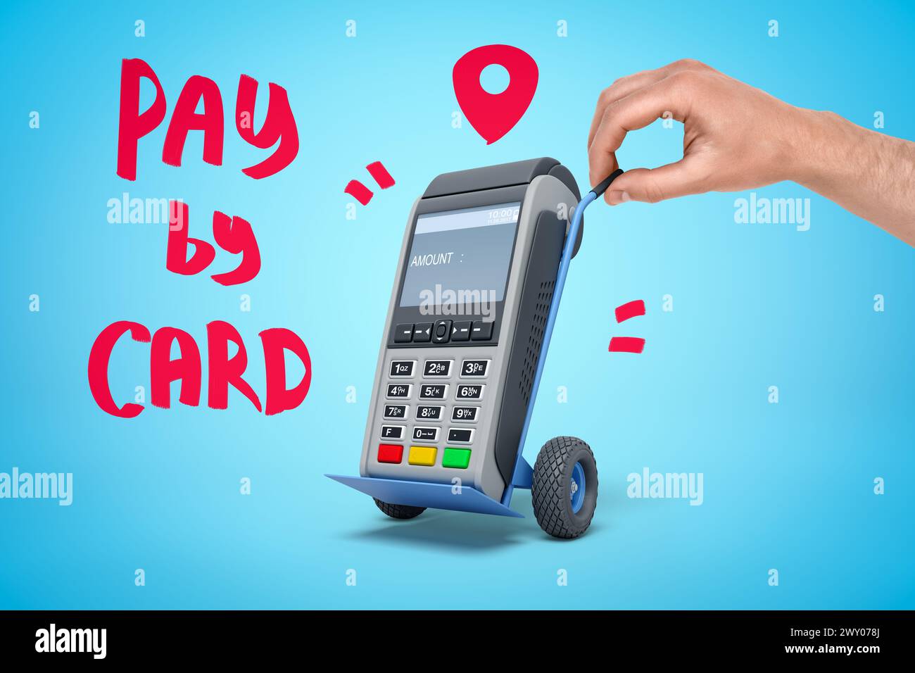 Anonymous man's hand carrying point-of-sale terminal on tiny hand truck ...