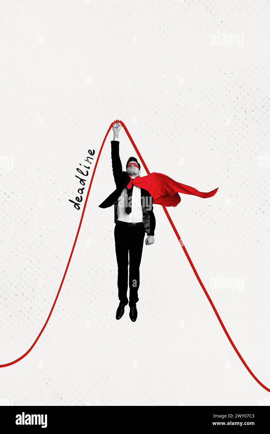 Vertical photo collage of serious man wear superhero mask cape try save ...