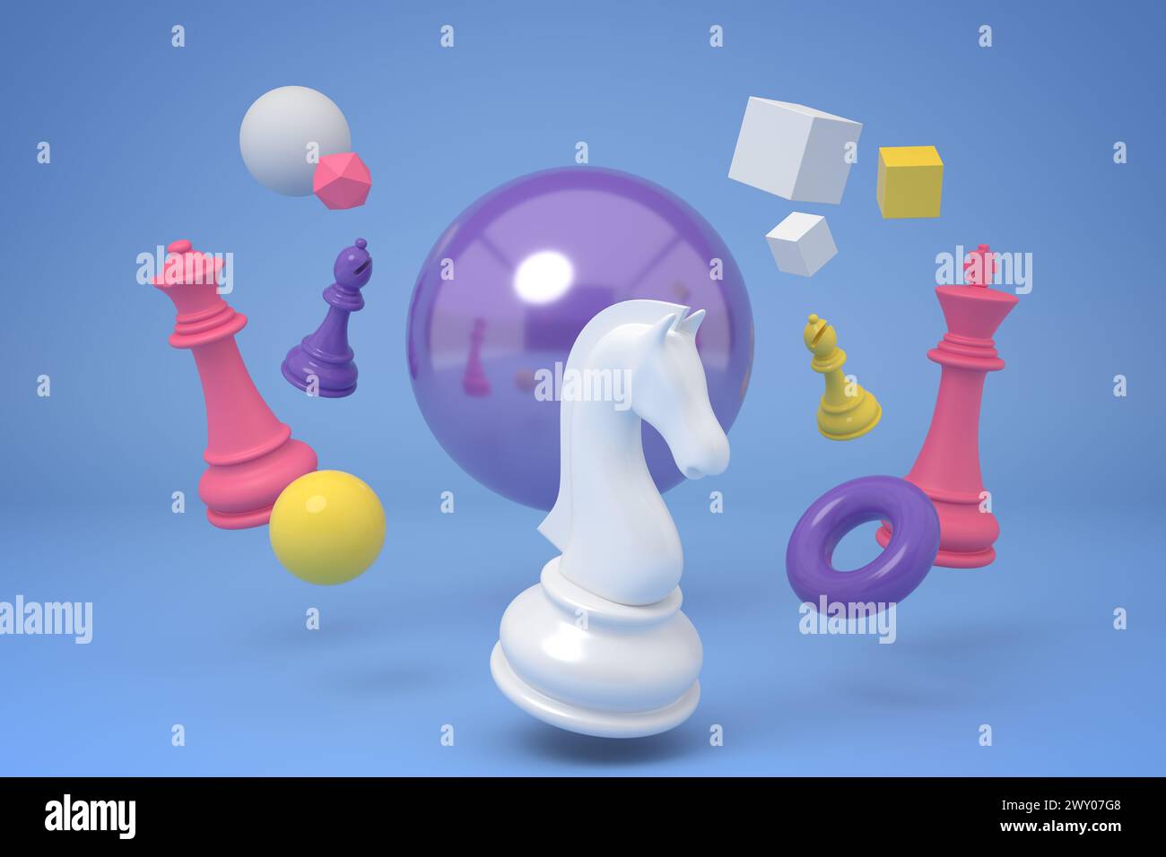 Floating 3D chess pieces with geometric shapes Stock Photo - Alamy