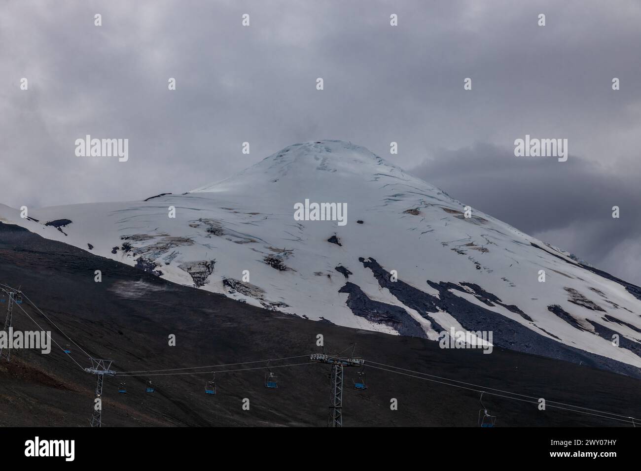 Osorno volcano scenic landscale with frozen lava on the slopes of the ...
