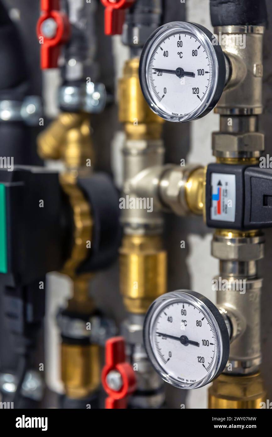 Pressure sensor on the hot water pressure reducing valve Stock Photo ...