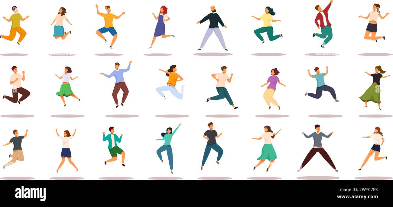 Couple jump icons set cartoon vector. Happy character. Celebrating fun ...