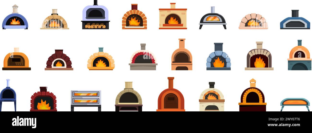 Pizza oven icons set cartoon vector. Italian restaurant. Traditional ...
