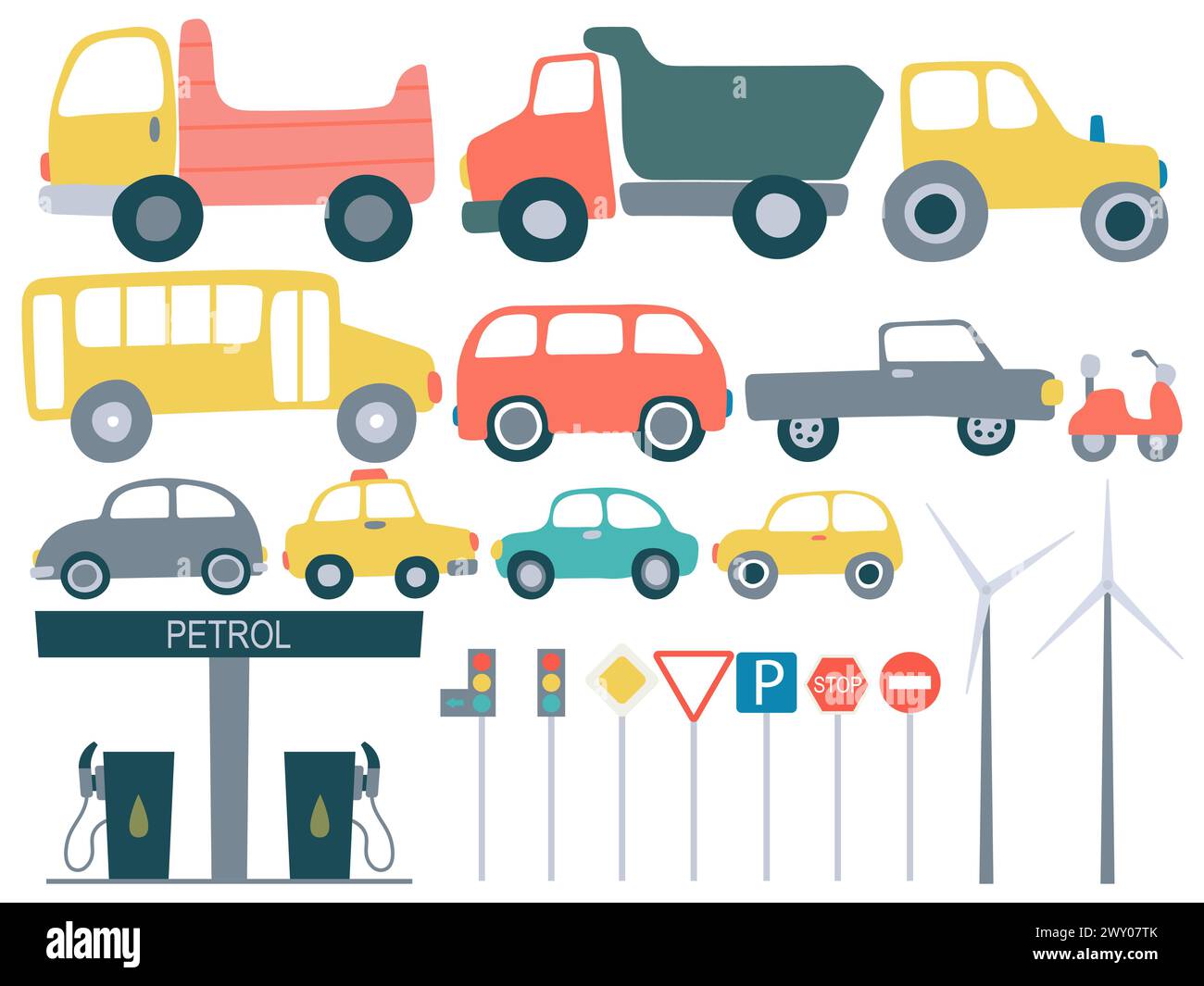 Set of cute vehicles and road signs Stock Vector Image & Art - Alamy