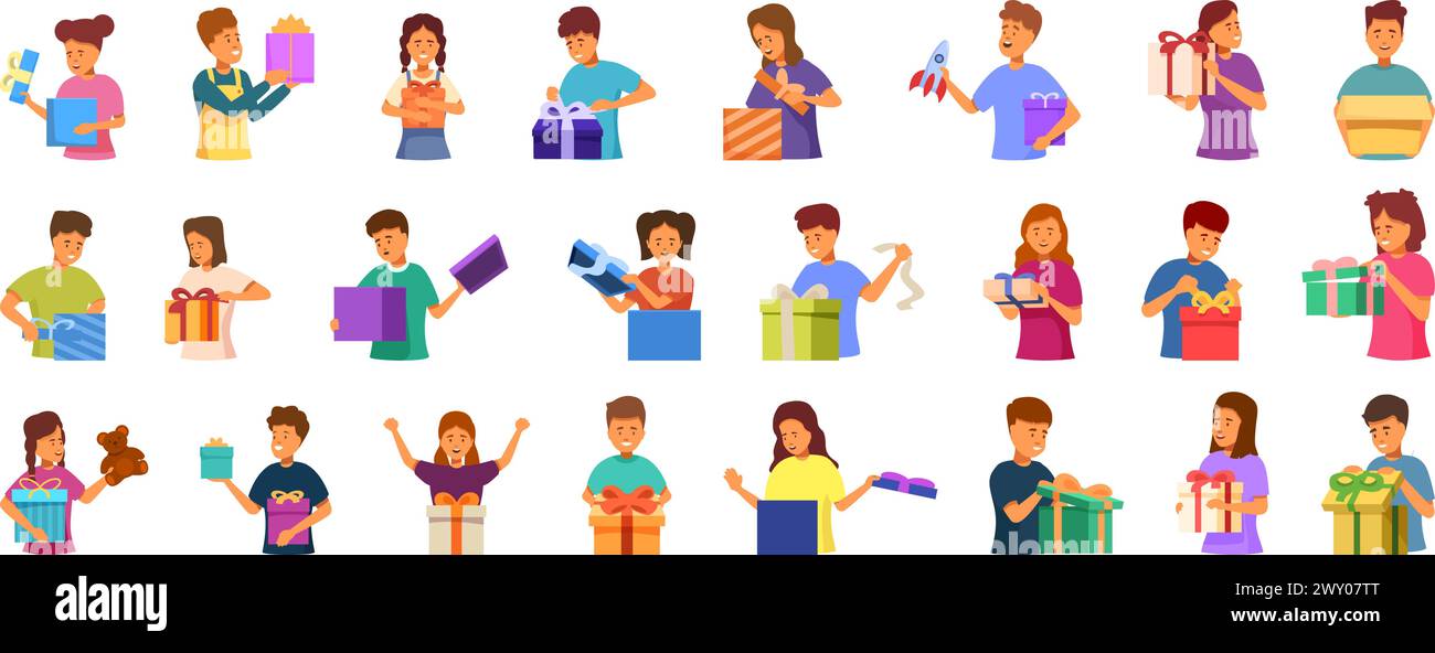 Children opening gifts icons set cartoon vector. Happy unpacking ...