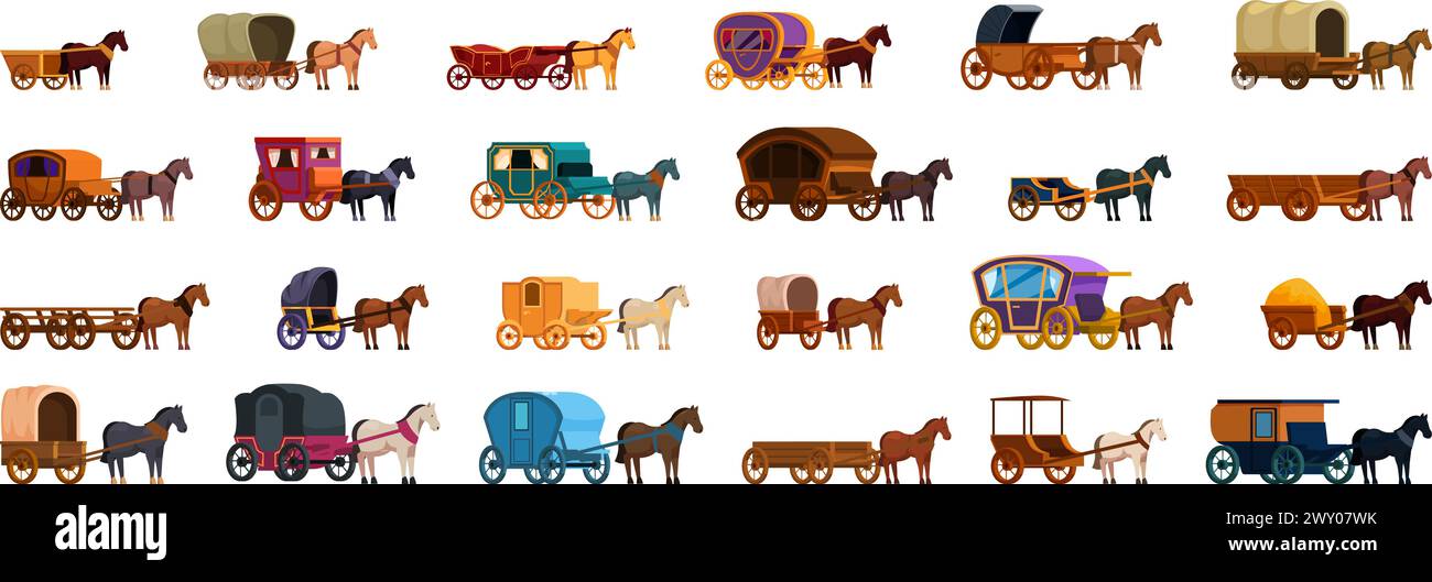 Horse vehicles icons set cartoon vector. Animal work. Wagon ...