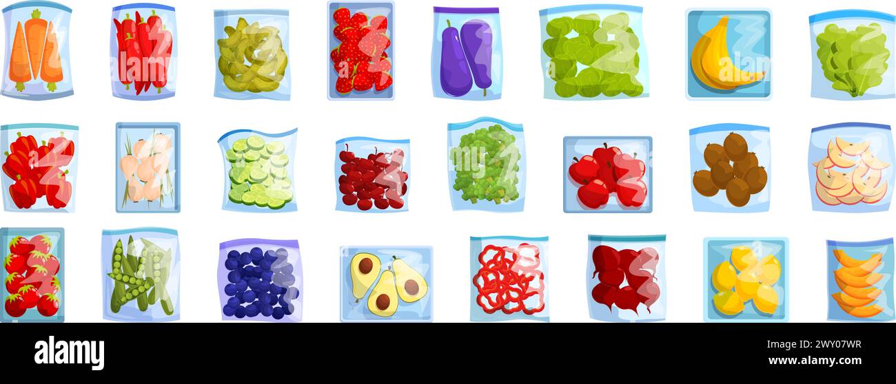 Frozen vegetables icons set cartoon vector. Vitamin product. Cooking ...