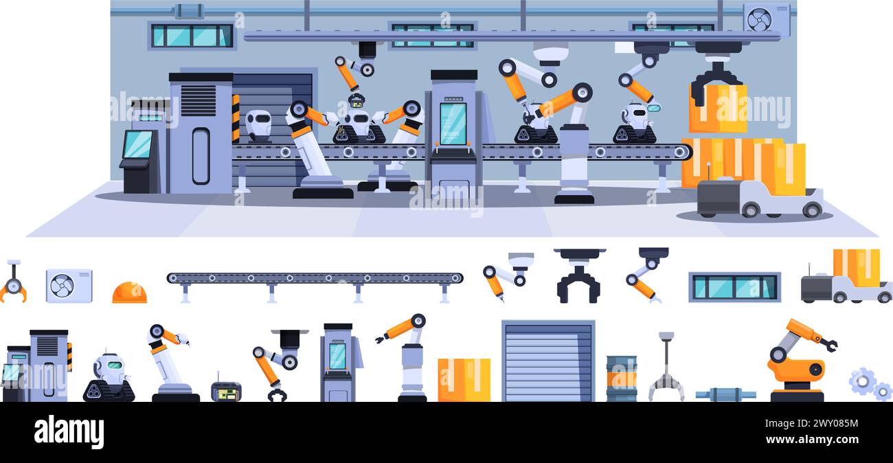Robot conveyor belt icons set cartoon vector. Machinery line. Industry ...