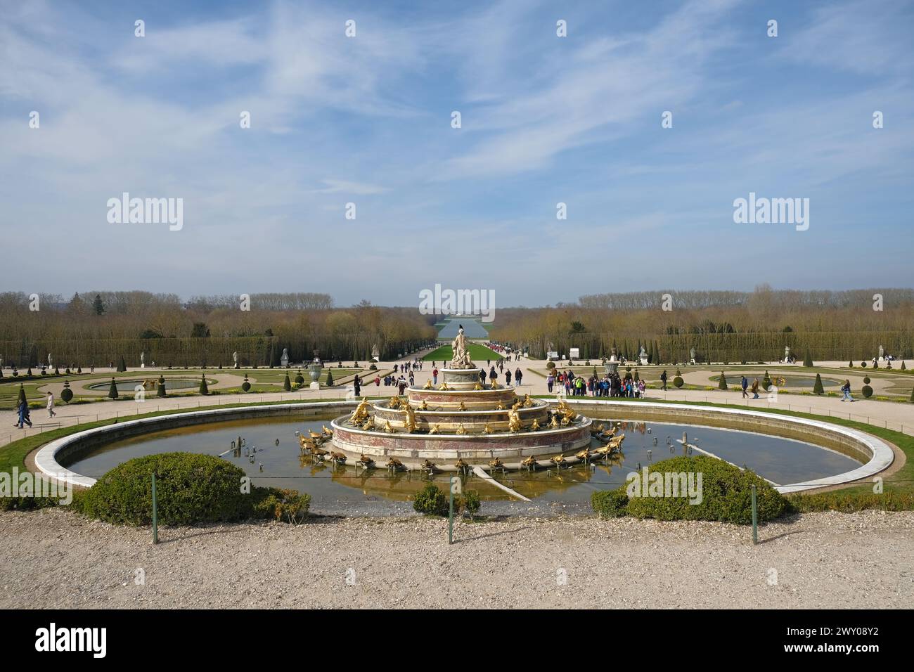 View of the gardens of the impressive Palace of Versailles, French ...