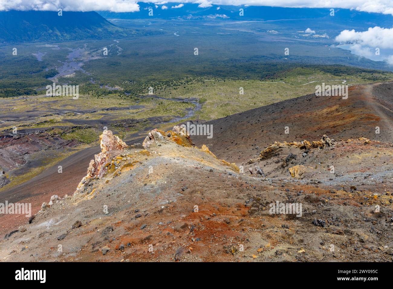 Osorno volcano scenic landscale with frozen lava on the slopes of the ...