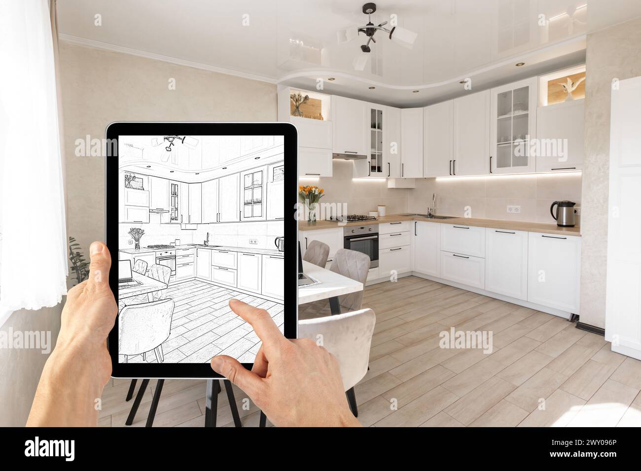 interior layout plan on tablet computer Stock Photo - Alamy
