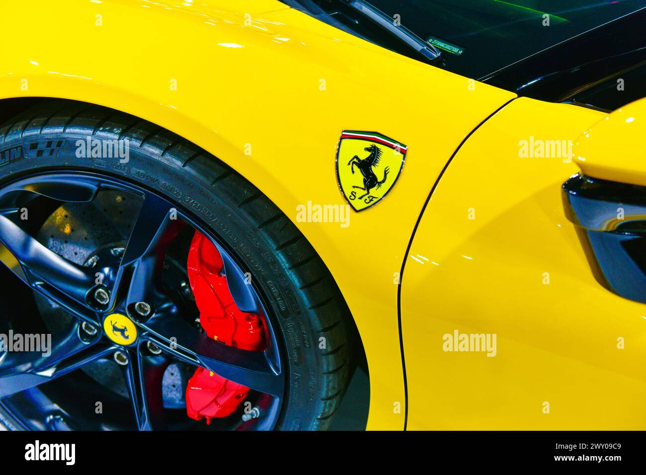 Thailand-March 27,2024: Logo of ferrari on the yellow super car. is an ...