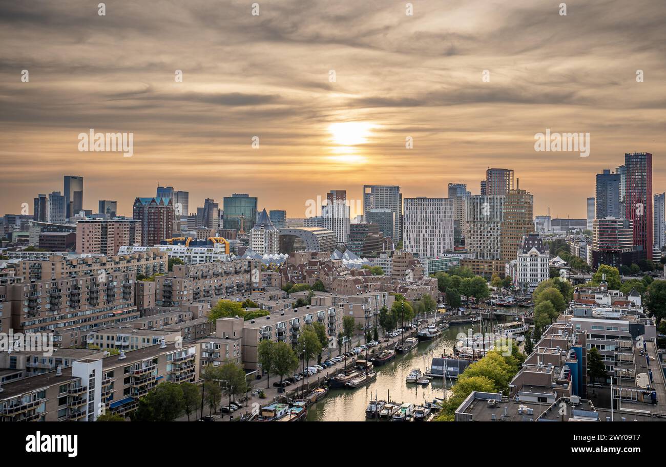 Sky line of Rotterdam, Netherlands at sunset showing the sky scrapers ...
