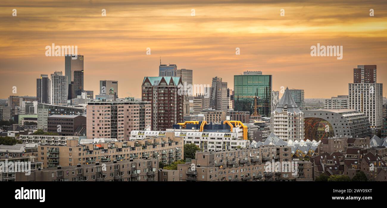 Sky line of Rotterdam, Netherlands at sunset showing the sky scrapers ...