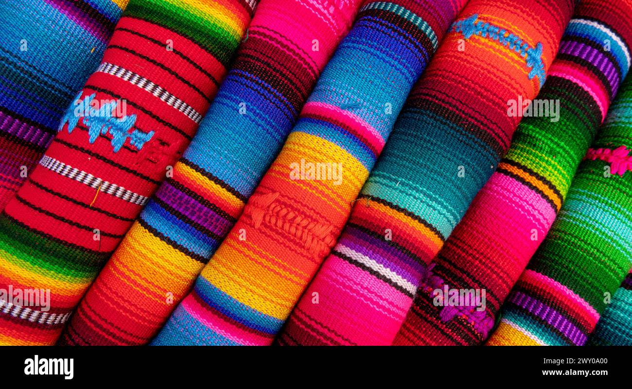 Colored fabric as seen on the markets of Peru, Bolivia, latin american ...