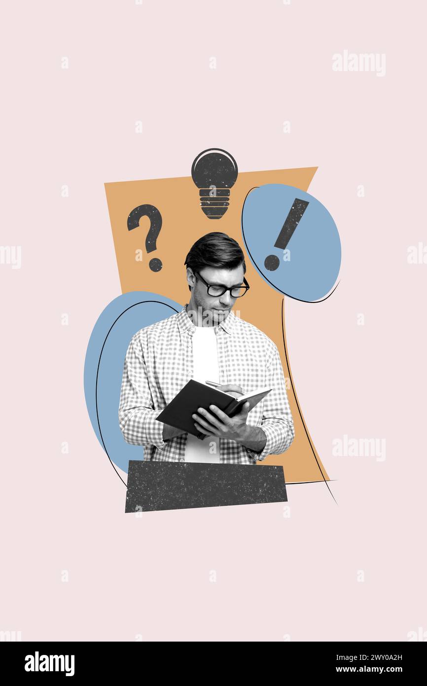 Vertical composite collage picture of black white effect guy pen write ...