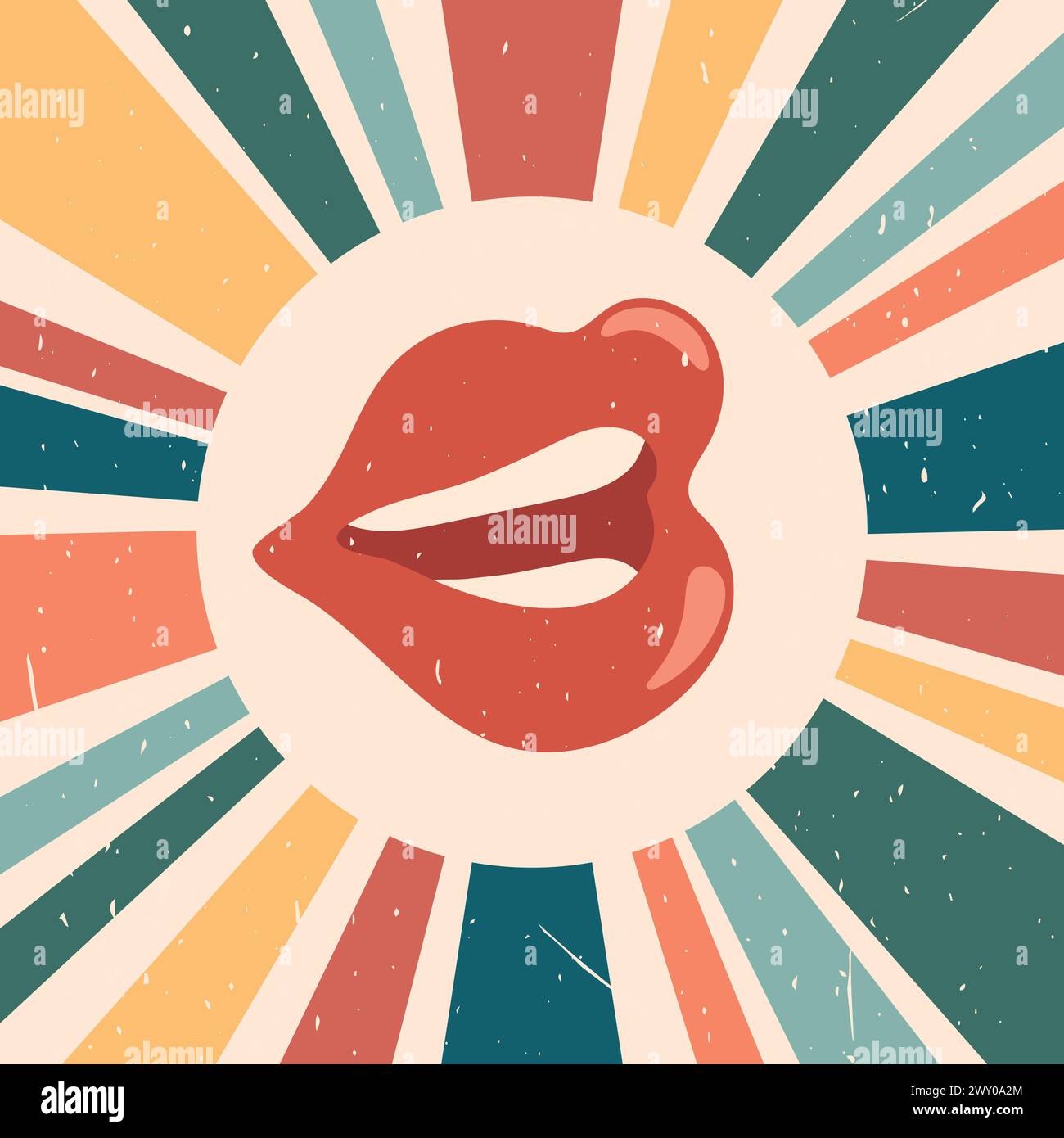 Retro style background with red lips and colorful rays. Trendy retro ...
