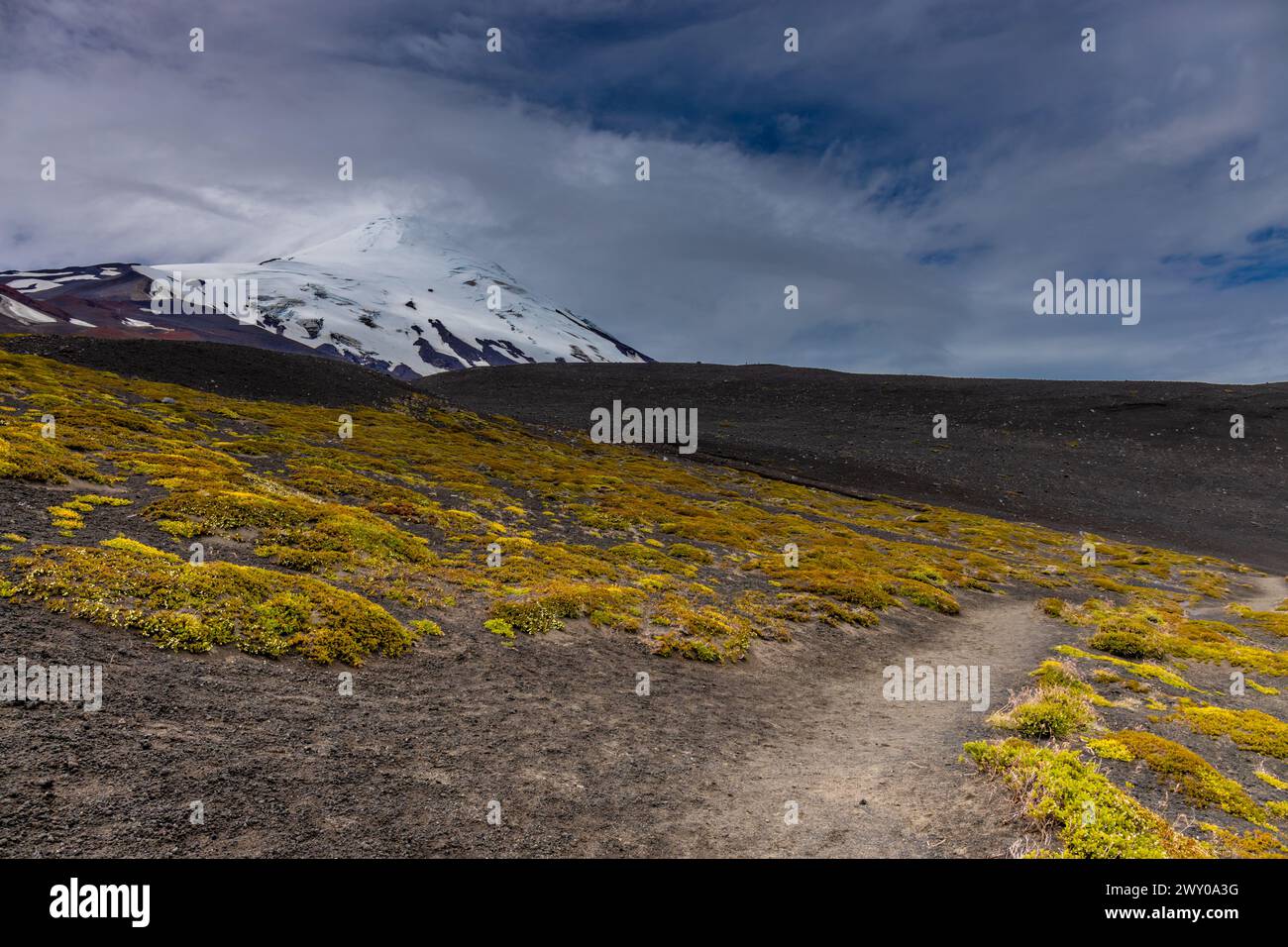 Osorno volcano scenic landscale with frozen lava on the slopes of the ...
