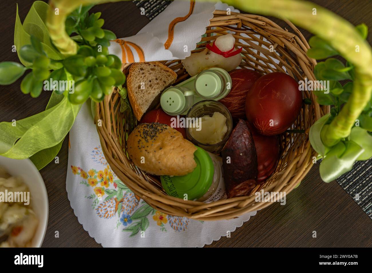 Wicker basket with food Easter decorations food in basket Stock Photo ...