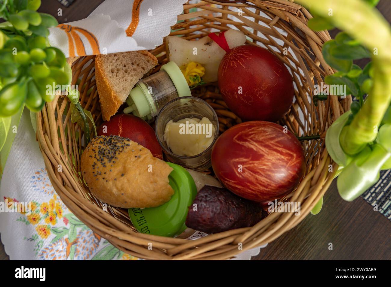 Wicker basket with food Easter decorations food in basket Stock Photo ...