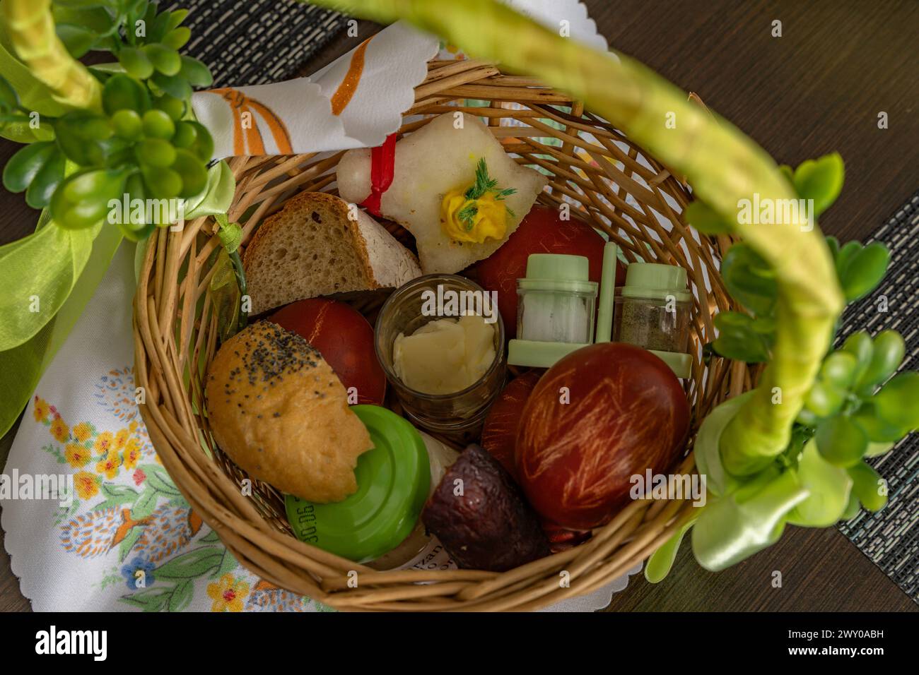 Wicker basket with food Easter decorations food in basket Stock Photo ...