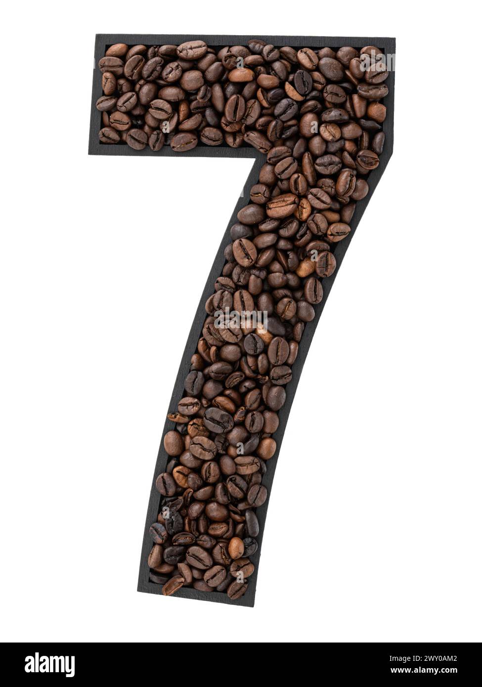 Number 7 made from roasted coffee beans on white isolated background ...