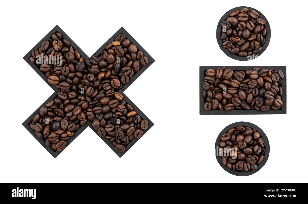 Multiplication and division sign made from coffee beans on a white ...