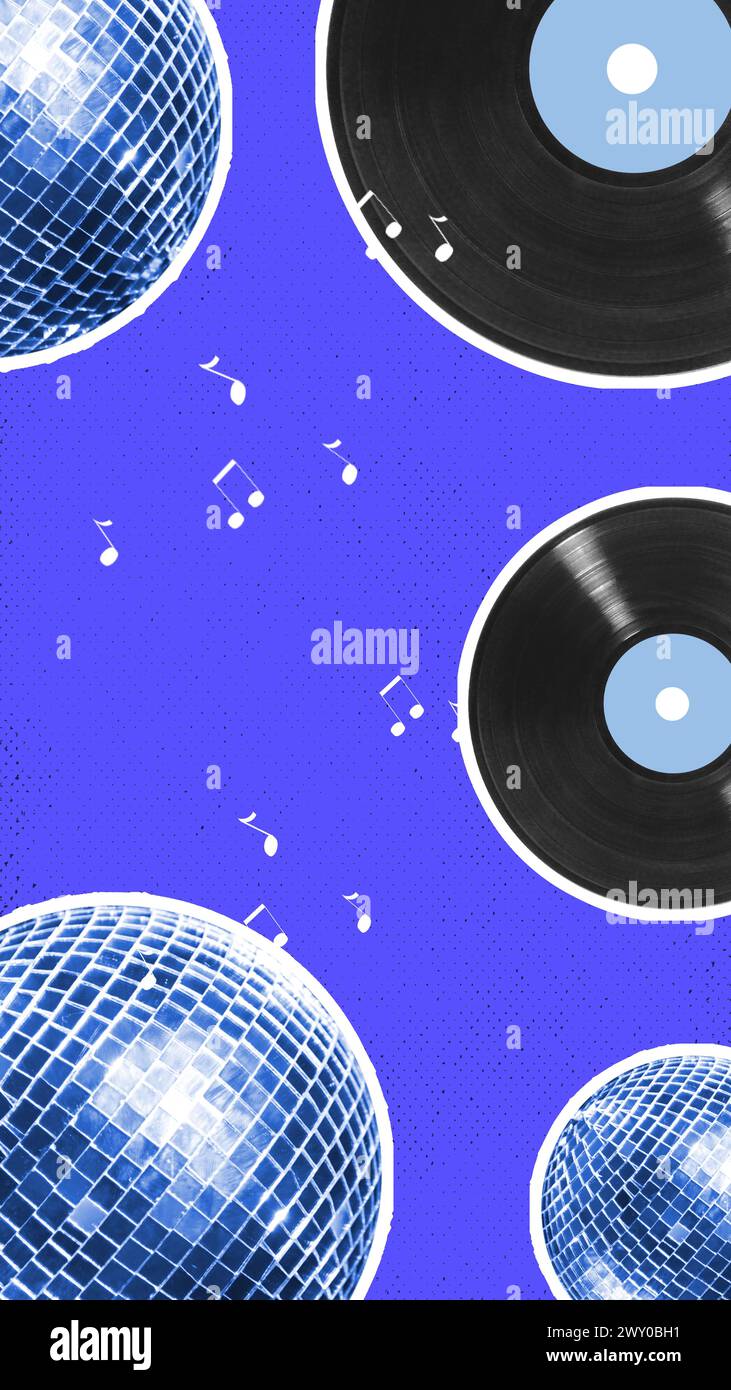 Vinyl records and disco balls on blue background, Nightclub party event ...