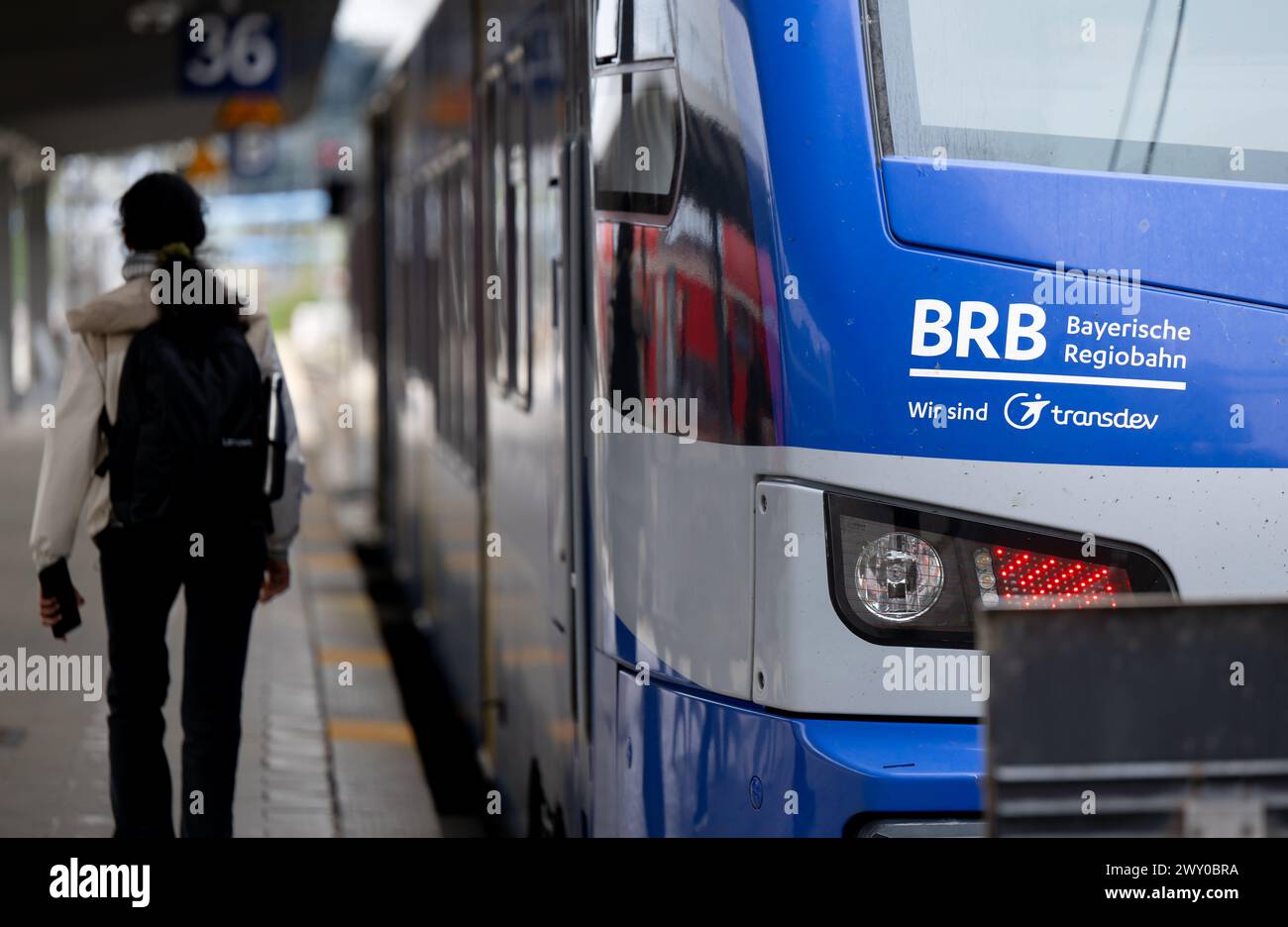03 April 2024, Bavaria, Munich: A Bavarian Regiobahn (BRB) train stands ...