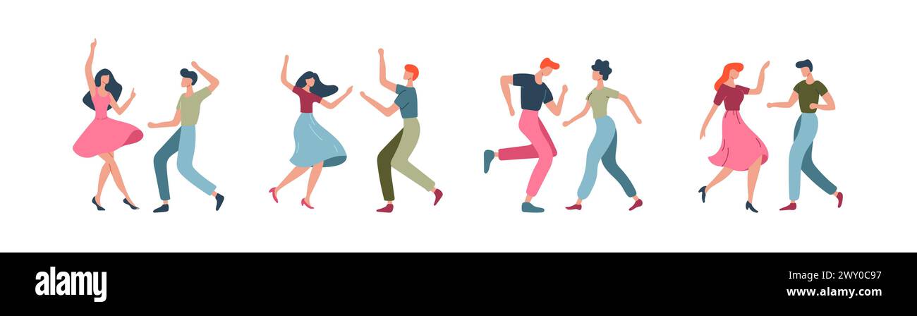 Happy dancing people, male and female dancers isolated on white ...