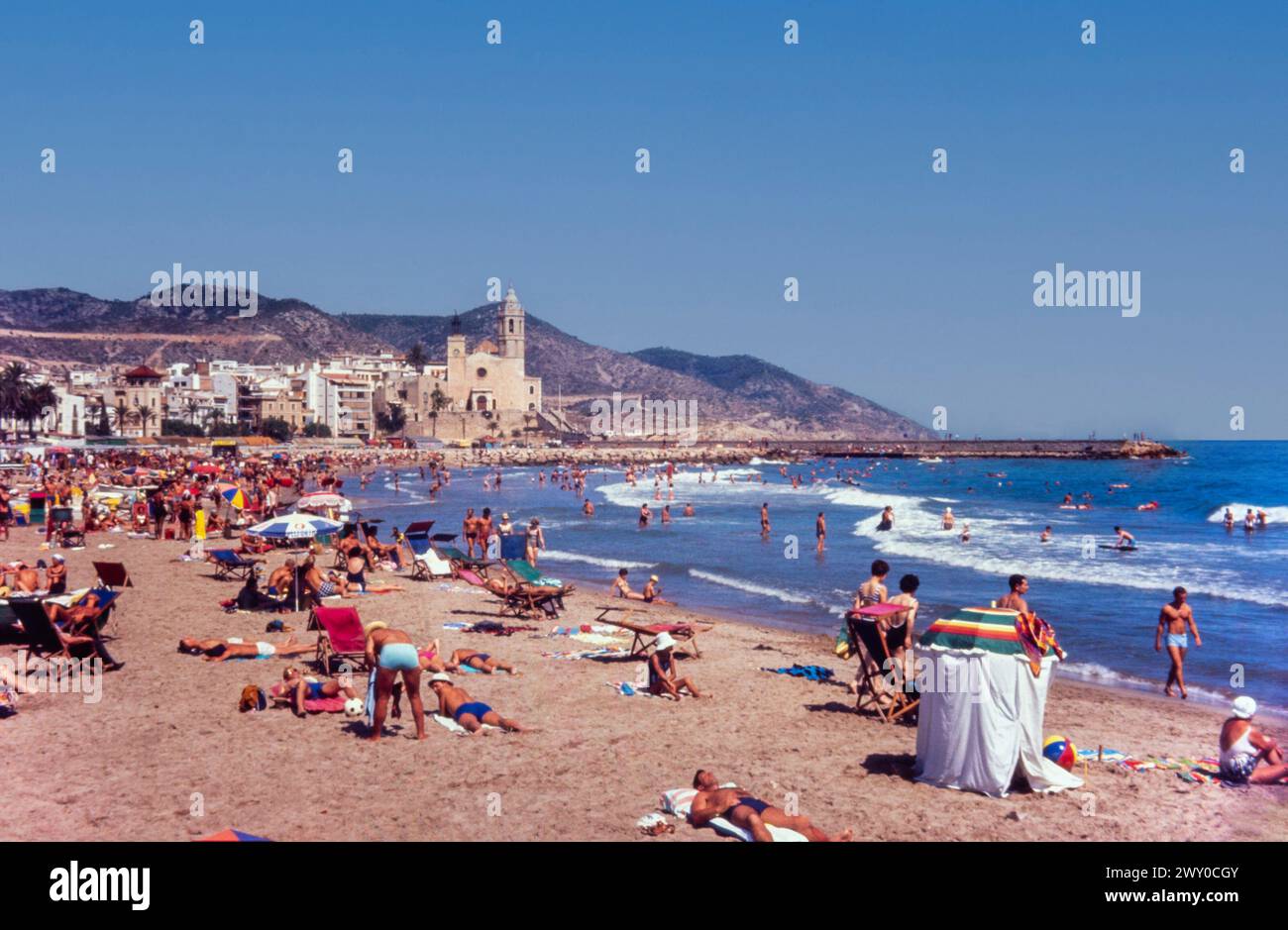 Ribera Beach in Sitges, Spain, in August 1965. Undeveloped seafront ...