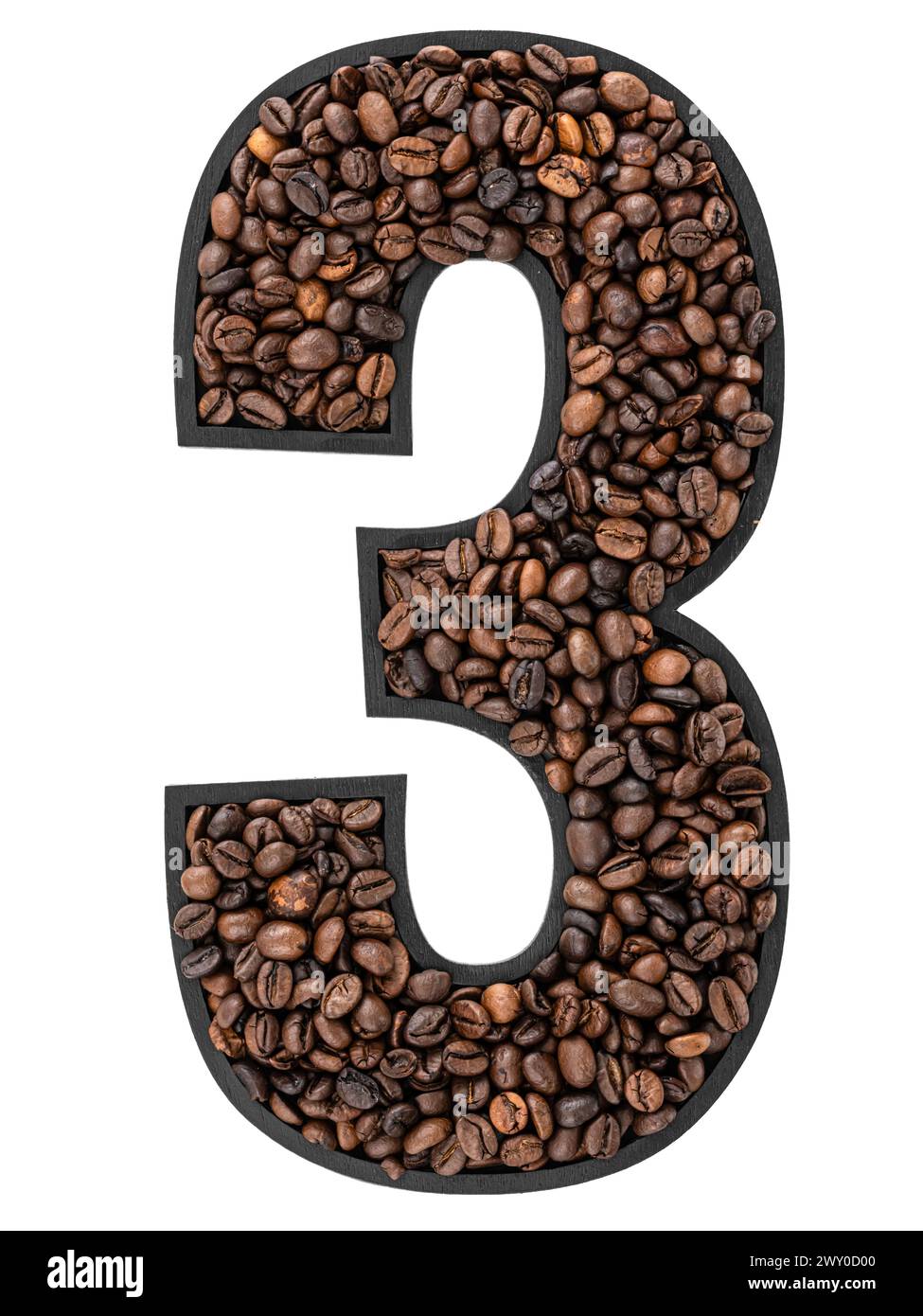 Number 3 made from roasted coffee beans on white isolated background ...