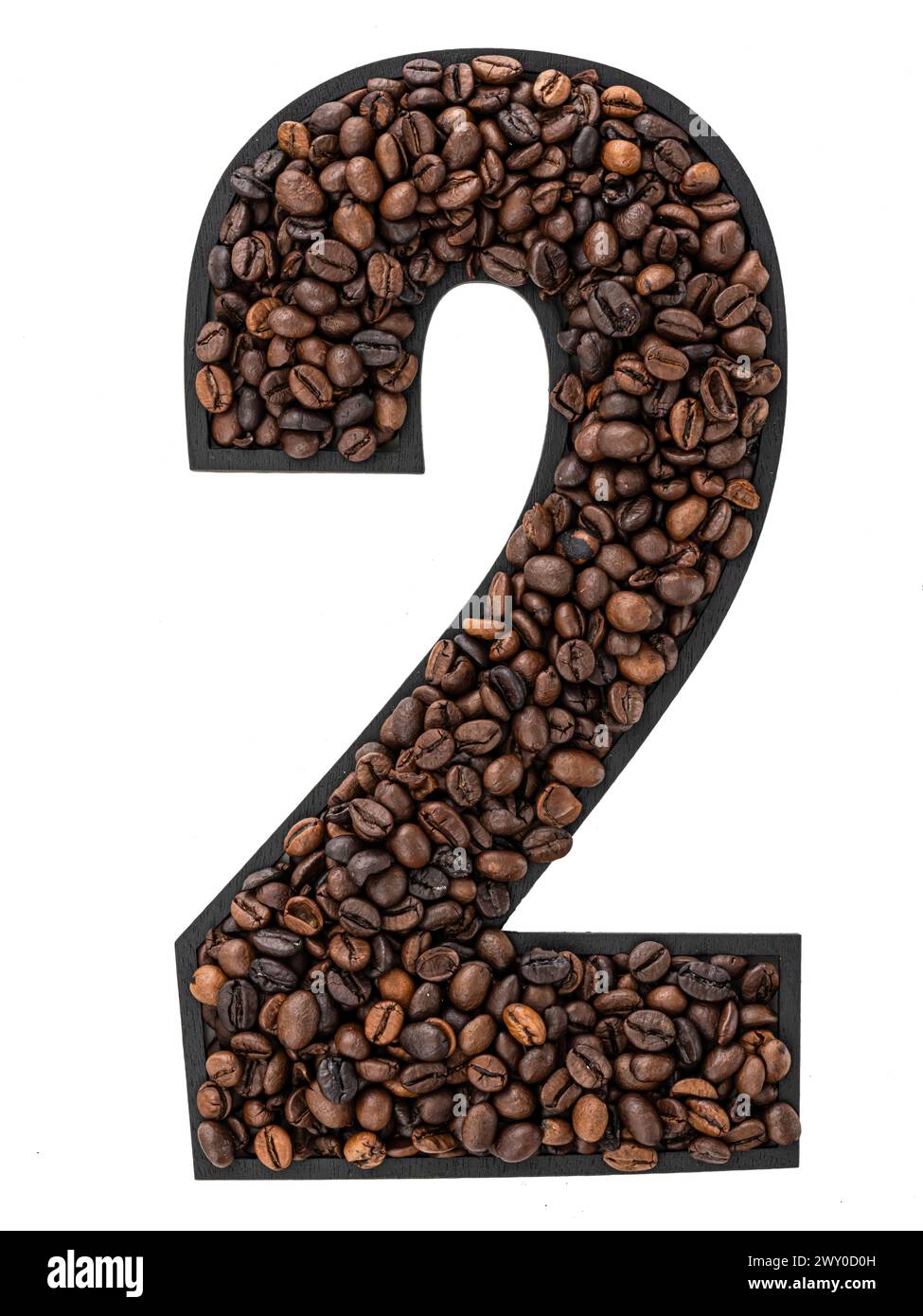 Number 2 made from roasted coffee beans on white isolated background ...