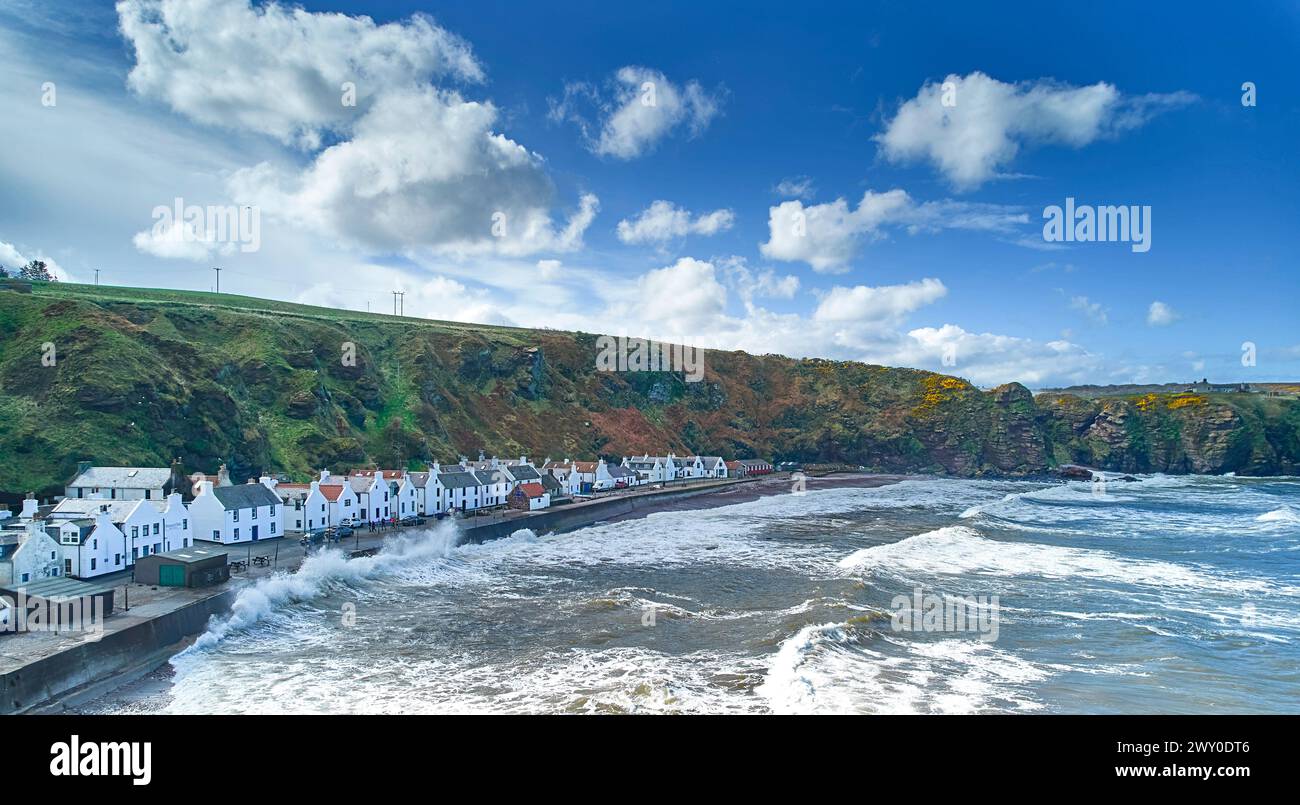 Pennan Village Aberdeenshire Scotland blue sky over the houses and sea ...