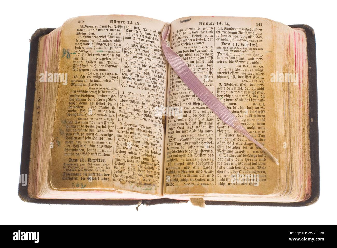 Old gothic antique vintage open bible with bookmark isolated on white ...