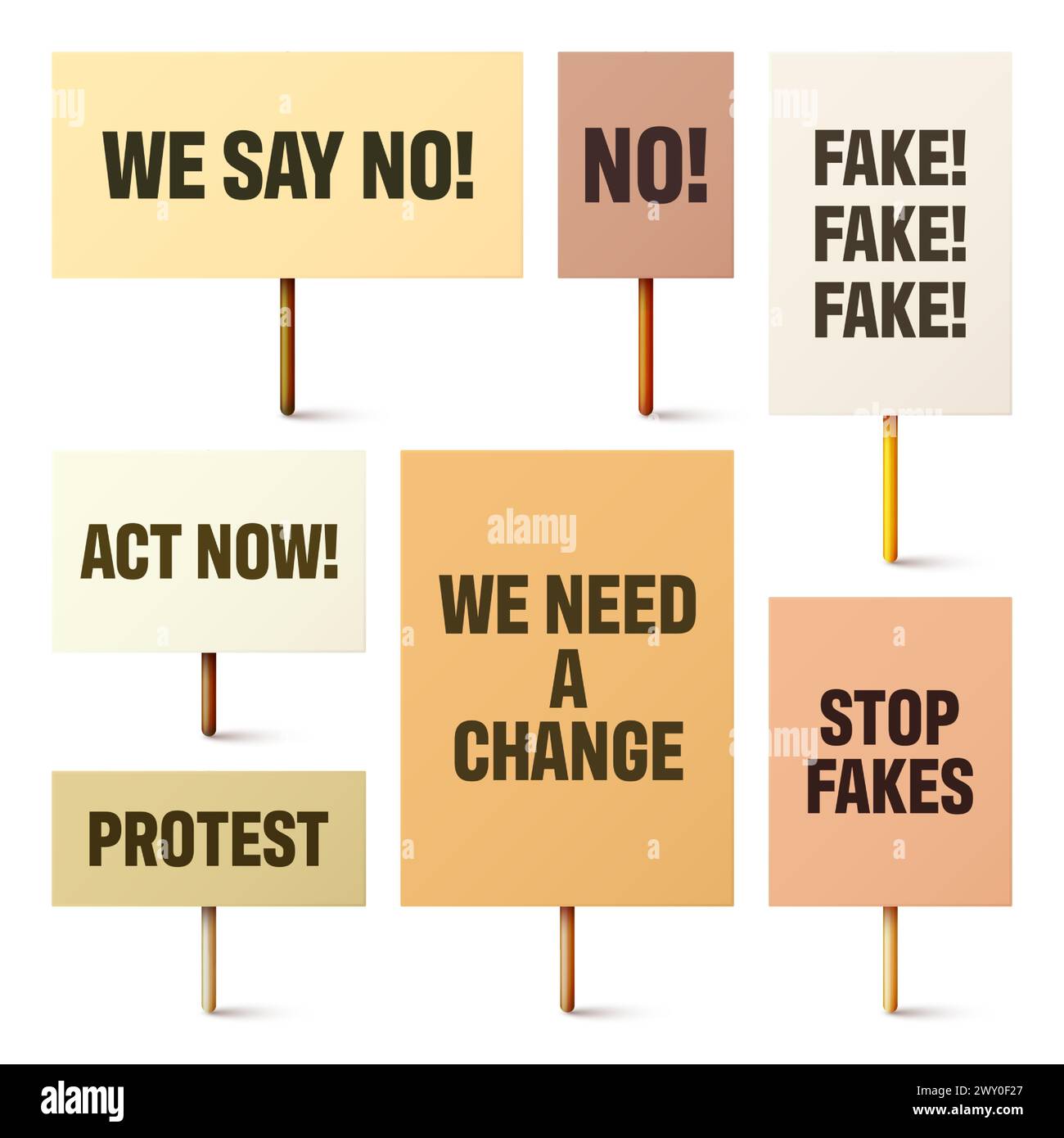 Colorful protest signs with slogan on wooden holder. Realistic vector ...
