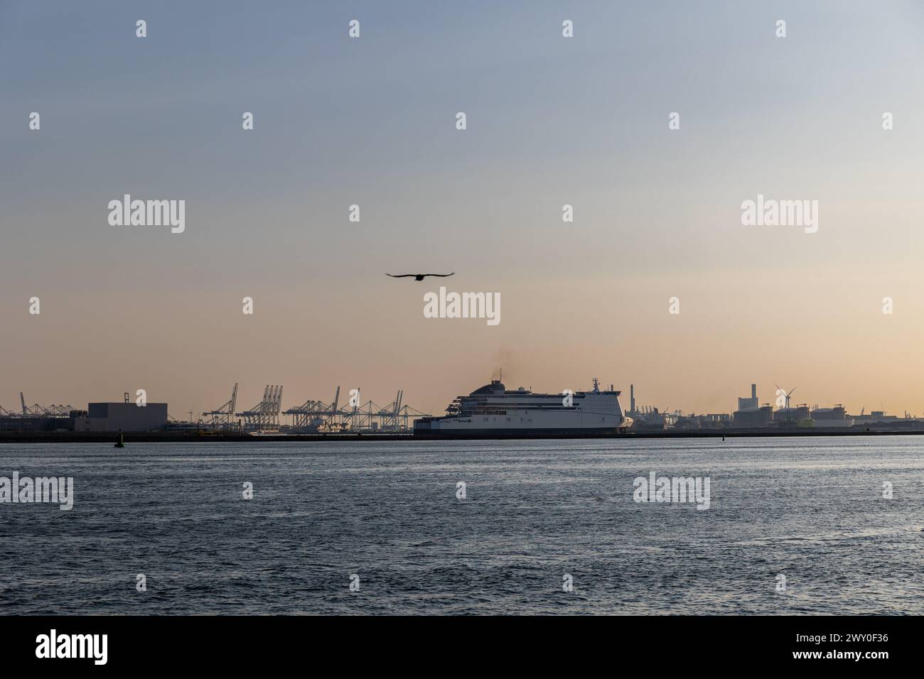 Ships float across the North Sea. Windmills in the background. Sea port ...