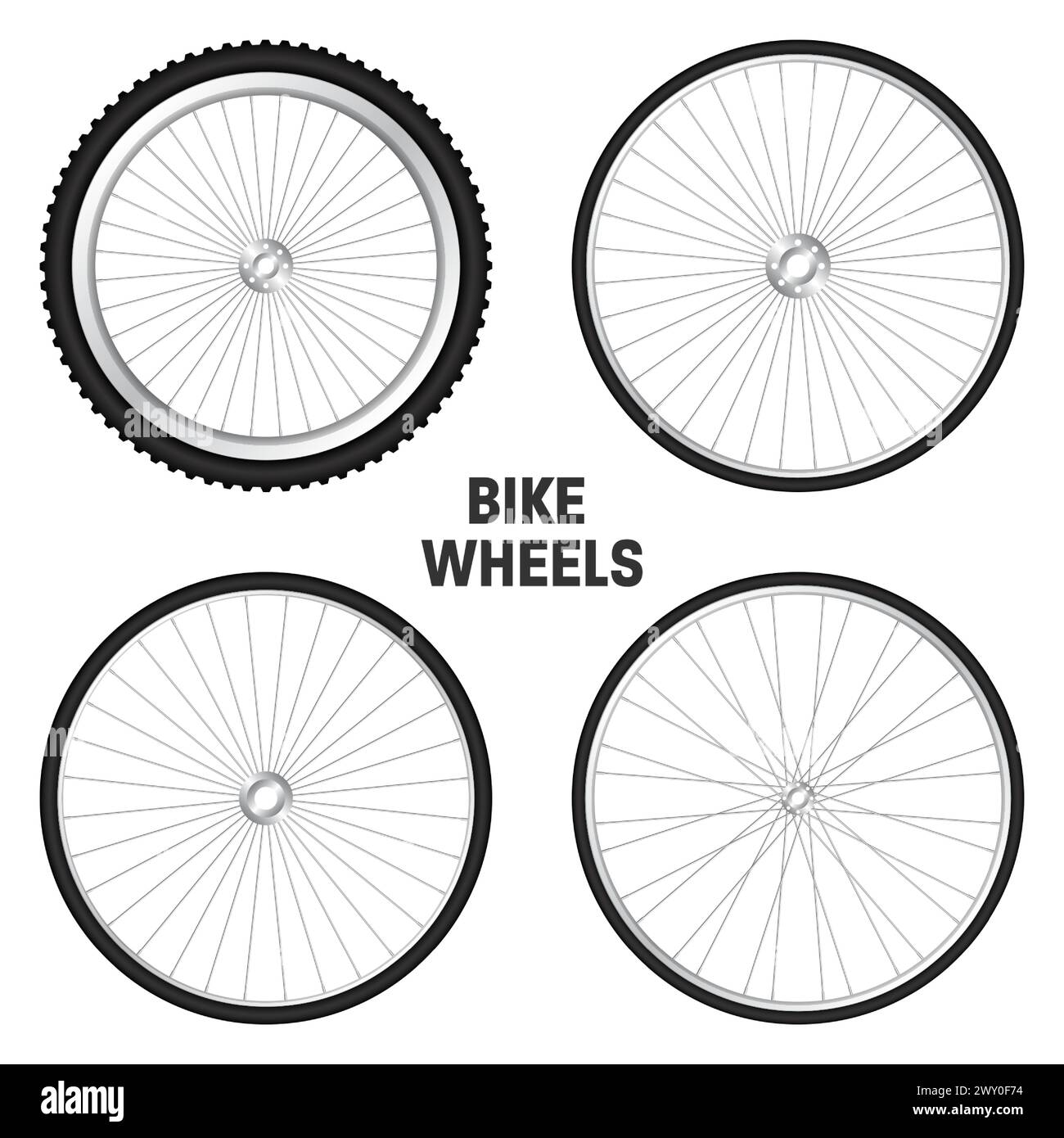 Realistic 3d bicycle wheels. Bike rubber tyres, shiny metal spokes and ...