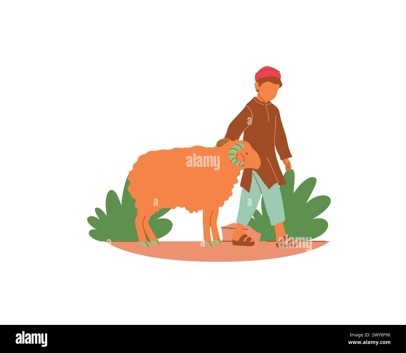 Young happy farmer with a sheep. Flat vector illustration on white ...