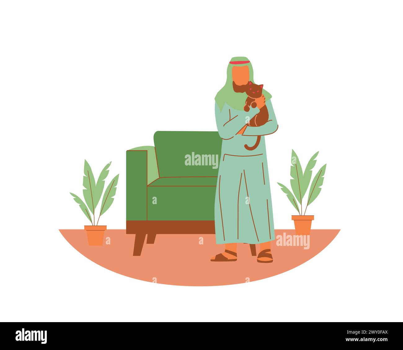 Arabic man with cat at home. Vector illustration in flat style. Animal ...