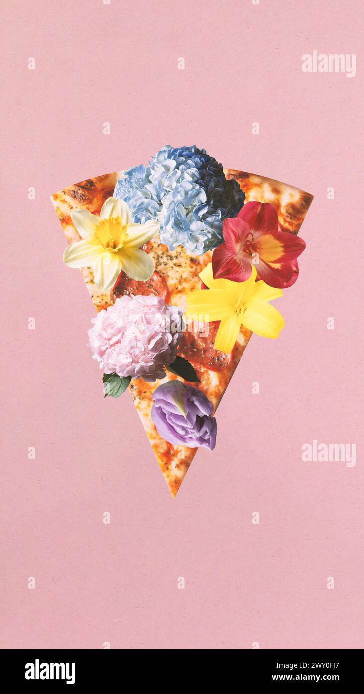 Poster. Contemporary art collage. Piece of pizza with flowers instead ...