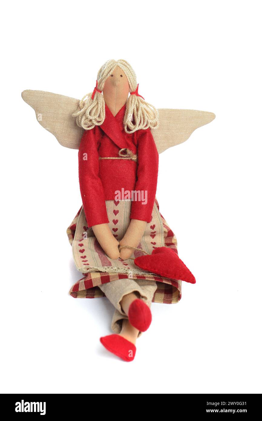 Beautiful vintage linen doll with wings and heart on white background ...