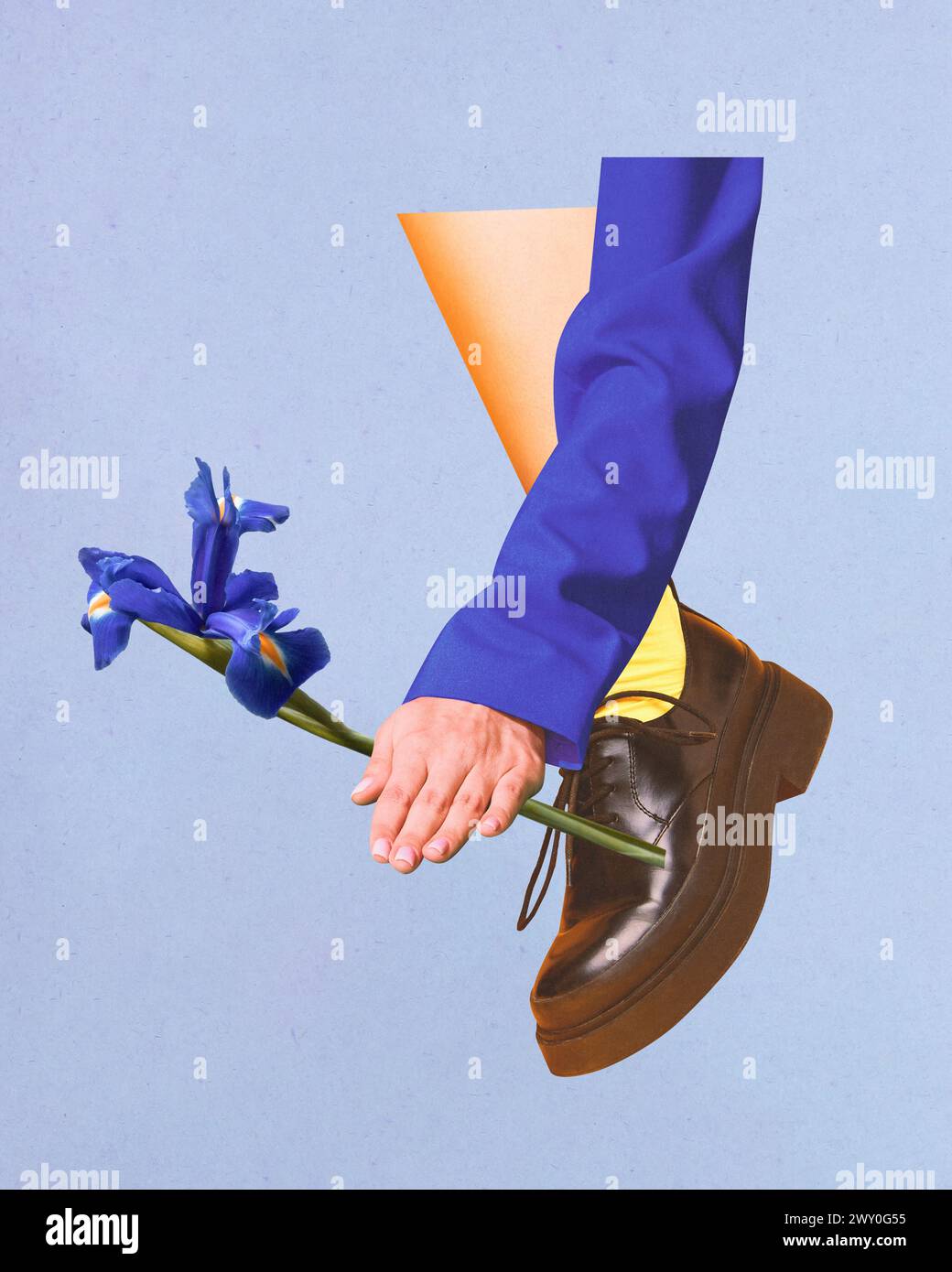 Poster. Contemporary art collage. Female hand holding blue flower, iris ...