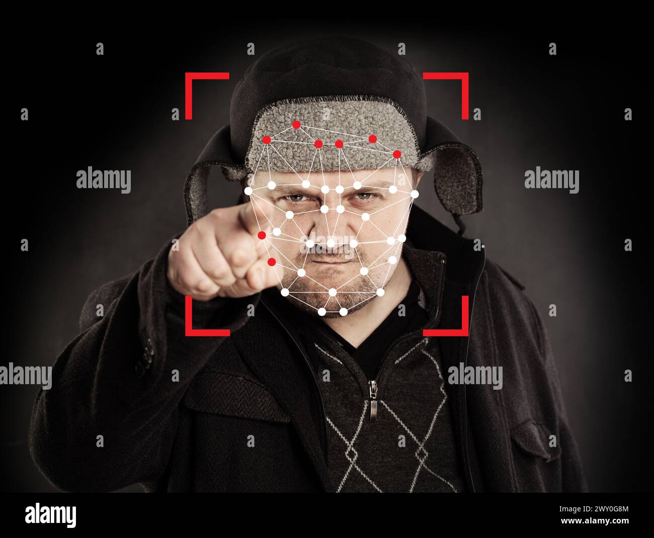 Facial recognition and Crime concept. Man pointing finger at technology ...