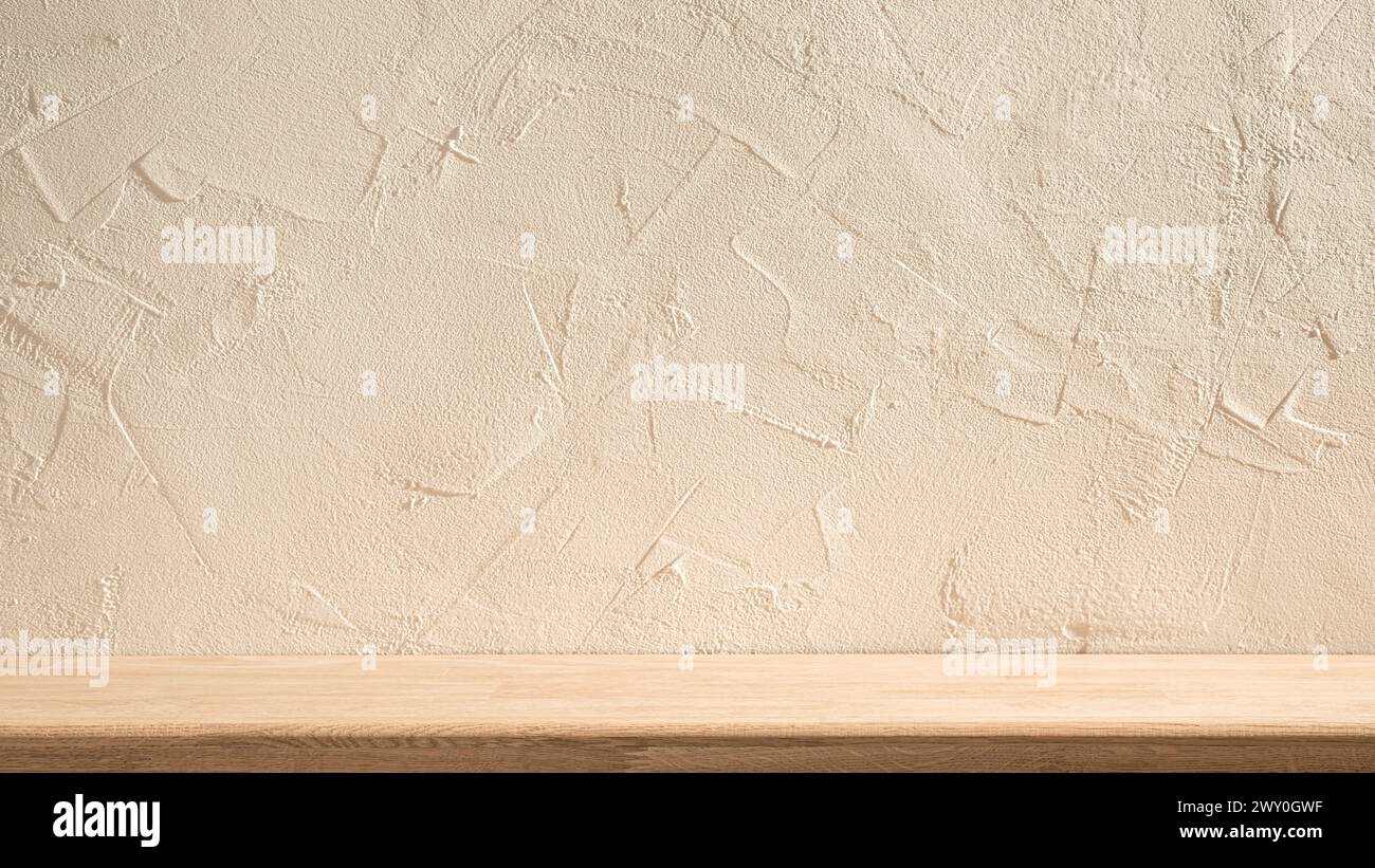 Beige Textured Wall With Wooden Shelf in Minimalist Interior Design ...